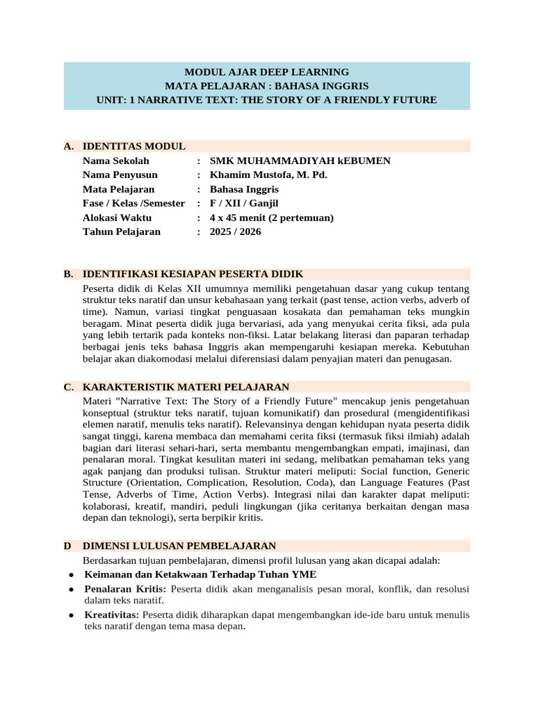 Modul Unit 1 Narrative Text The Story of A Friendly Future | PDF