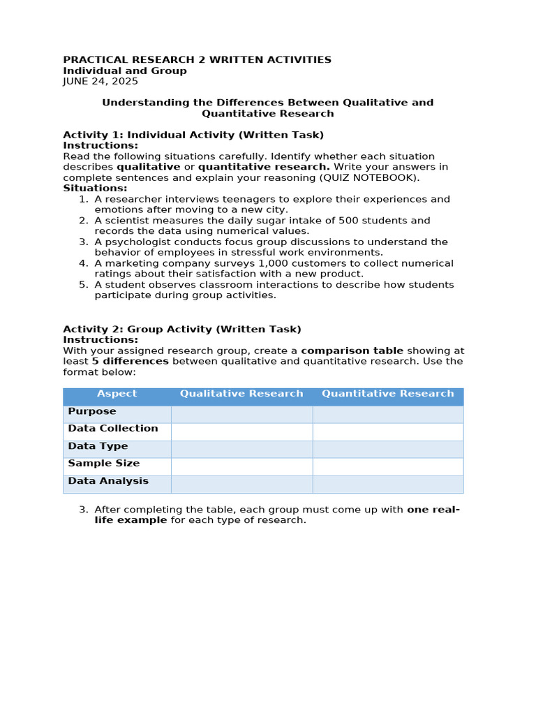 Practical Research 2 Written Activities 6-24-25 | PDF | Quantitative ...