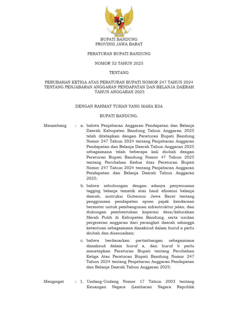 Perbup No 52 Tahun 2025 TTG Perubahan Ketiga Atas Perbup Penjabaran Apbd Ta 2025 BMD | PDF