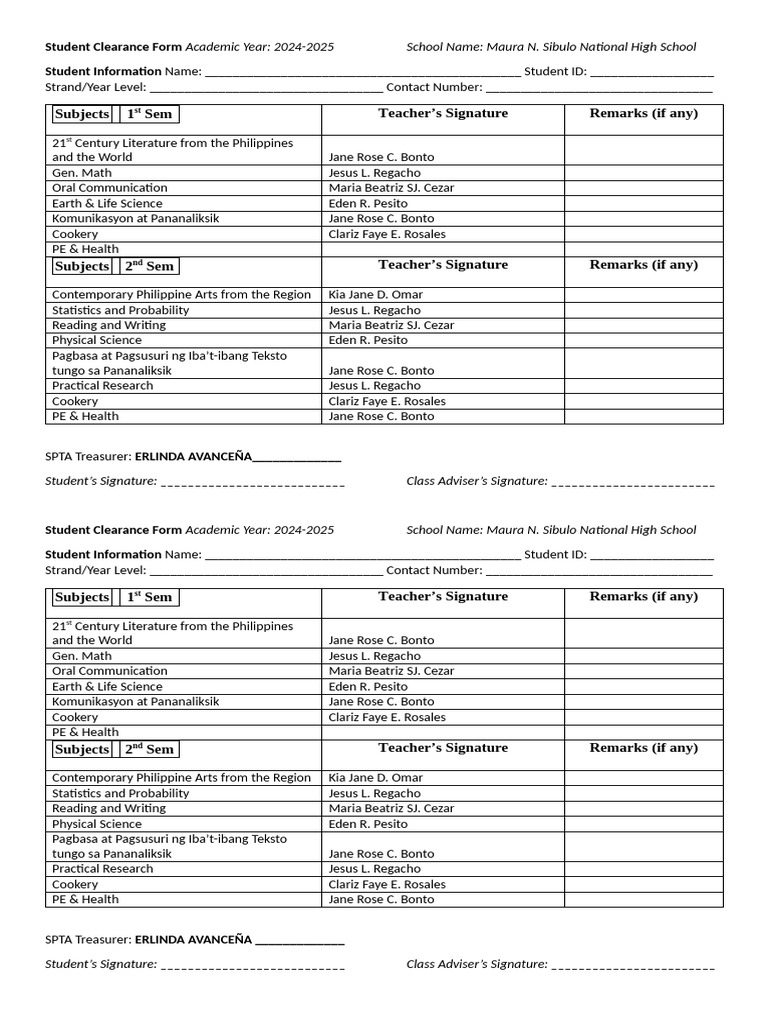 Student Clearance Form Academic Year 2024-2025 | PDF