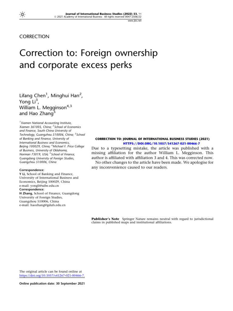 Correction To: Foreign Ownership and Corporate Excess Perks | PDF