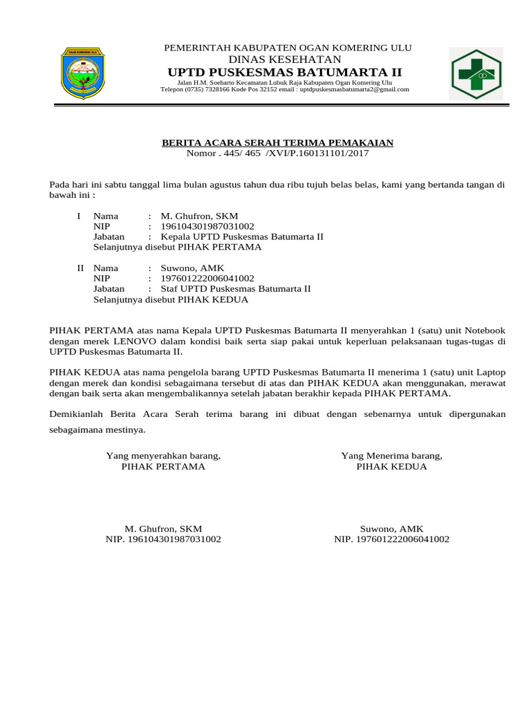 Berita Acara Serah Terima Laptop | PDF