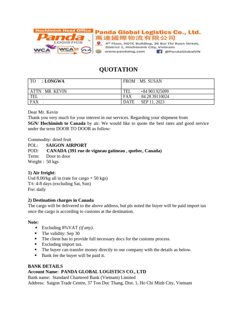 Quotation by Air SGN To Canada by Air | PDF