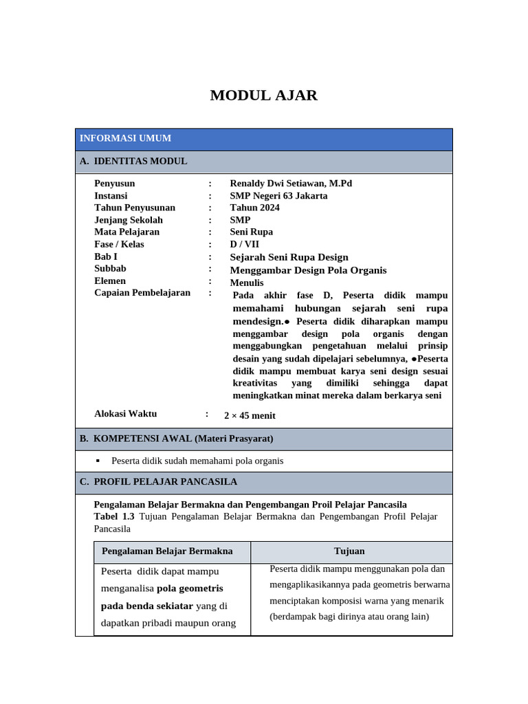 Modul Ajar 1 Seni Rupa Menggambar Design | PDF