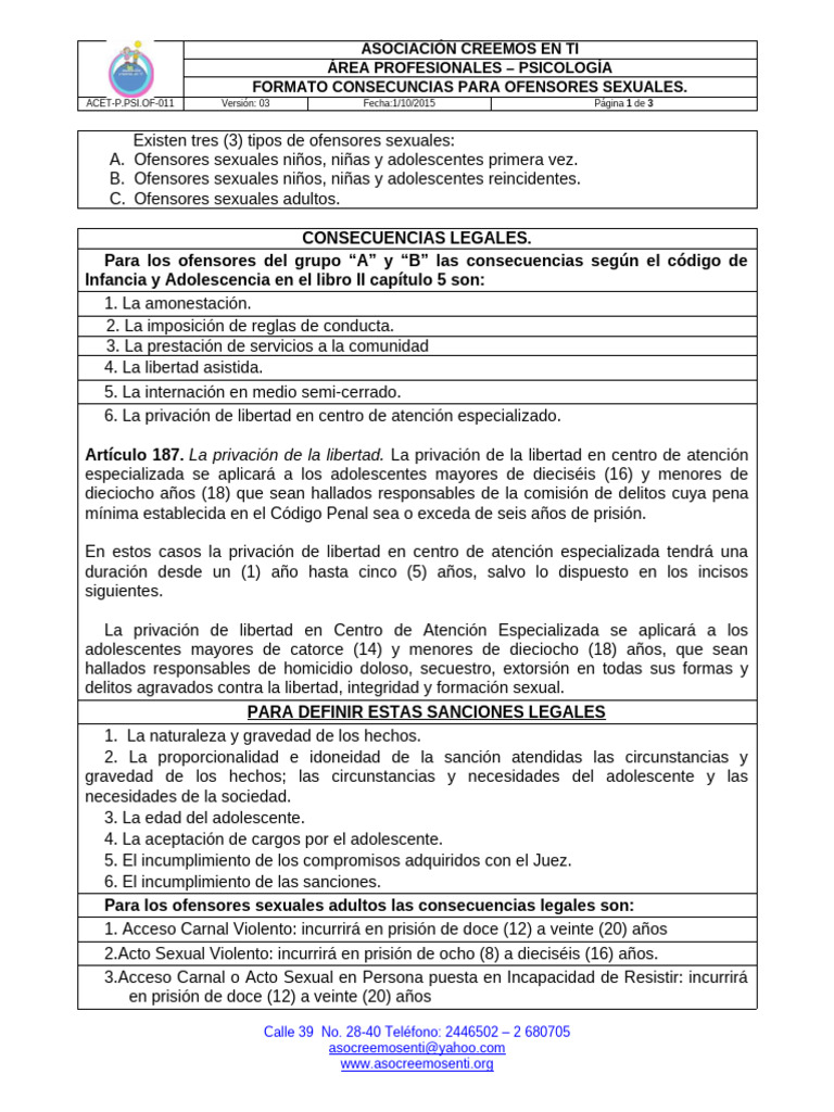 Consecuncias para Ofensores Sexuales. | PDF | Secuestro | Abuso Sexual ...