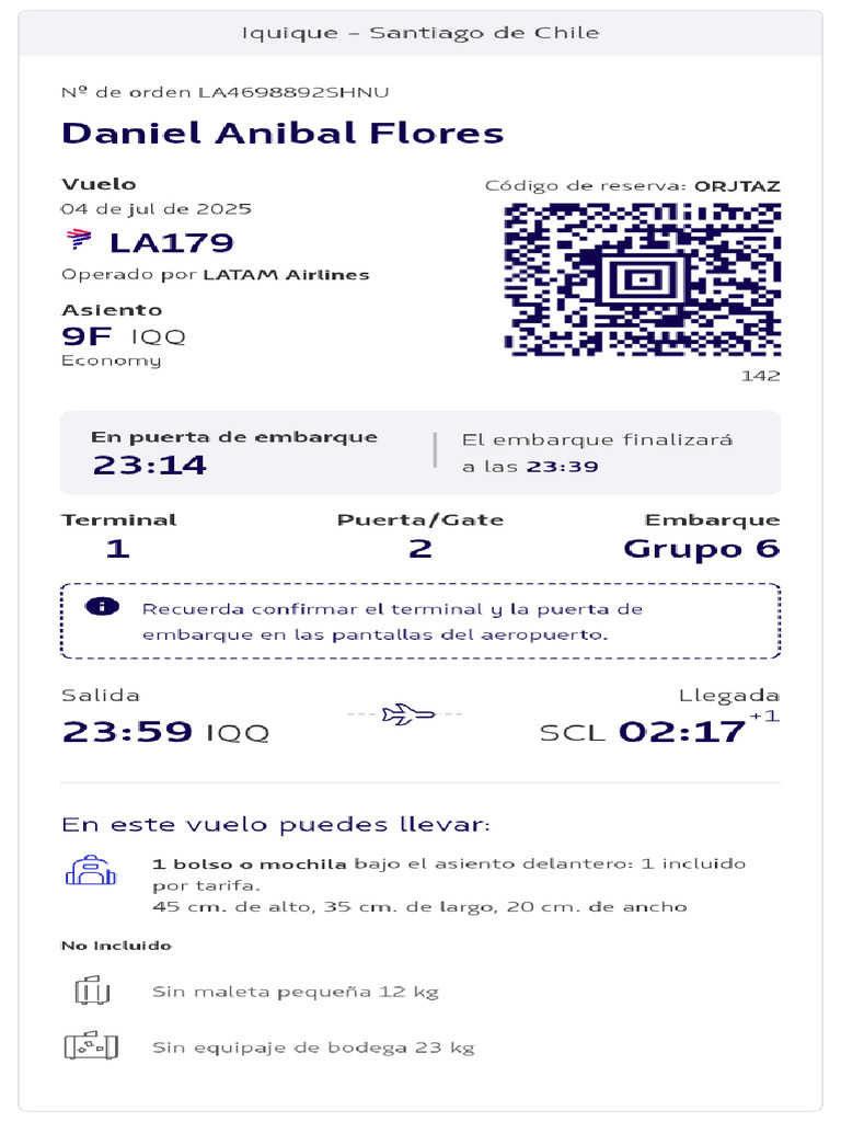 Tarjeta - de Embarque - Daniel Anibal - F - LA179 | PDF