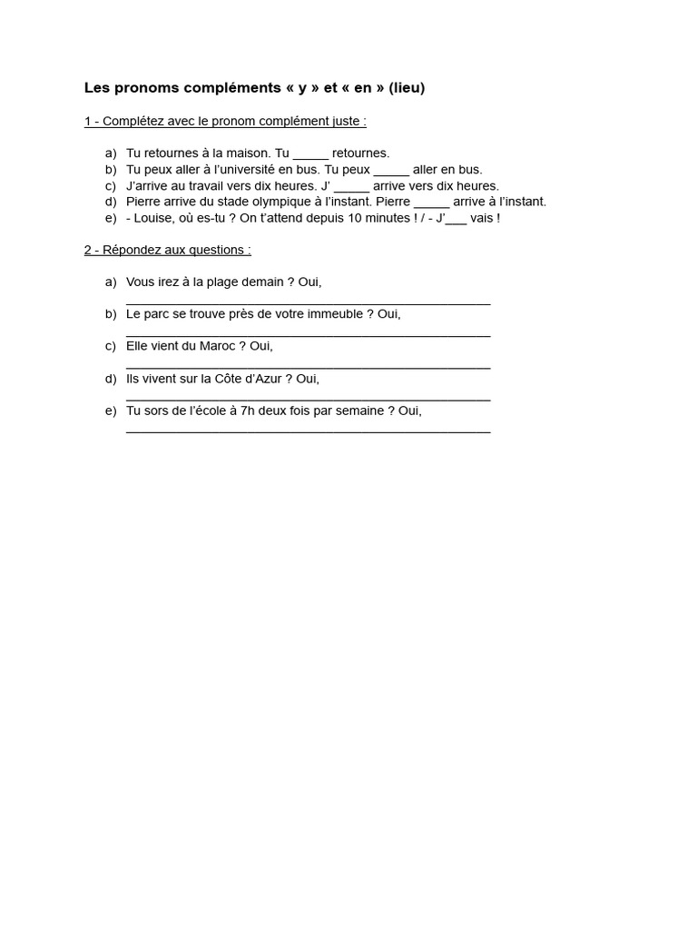 Exercices sur les pronoms « y » et « en » | PDF