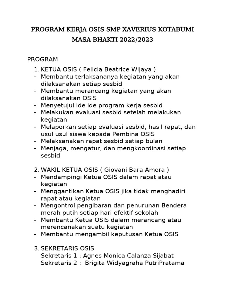 Program Kerja OSIS SMP Xaverius 2022/2023 | PDF