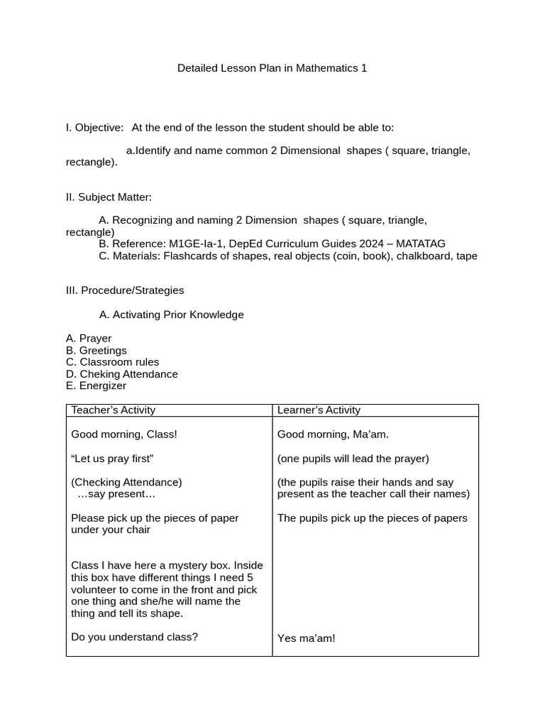 Lesson Plan: 2D Shapes for Grade 1 | PDF | Shape | Lesson Plan