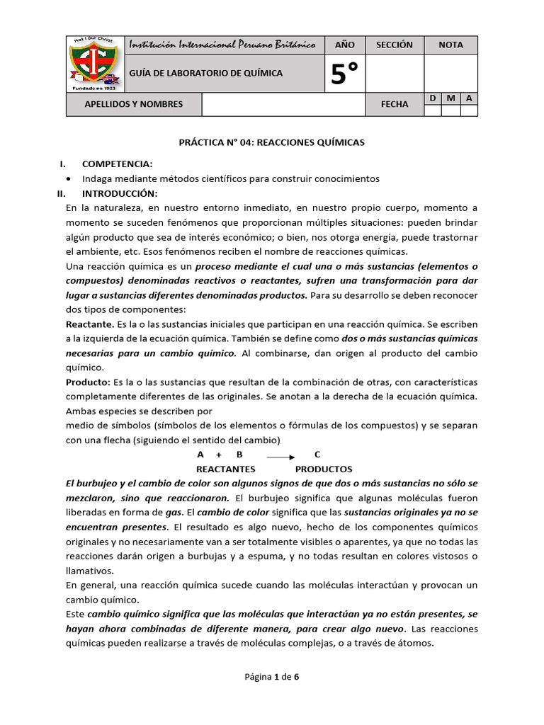 Practica n4 Laboratorio de Quimica Quinto de Sec | PDF | Química | Sustancias químicas