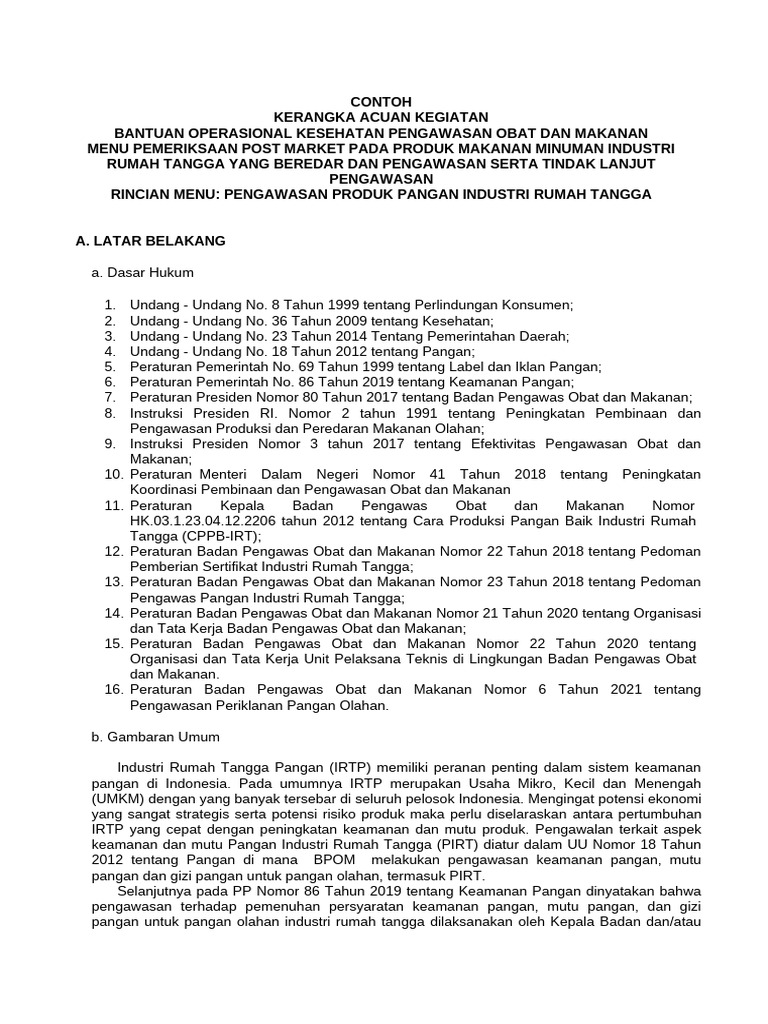 Contoh KAK Rincian Menu Pengawasan Produk PIRT | PDF