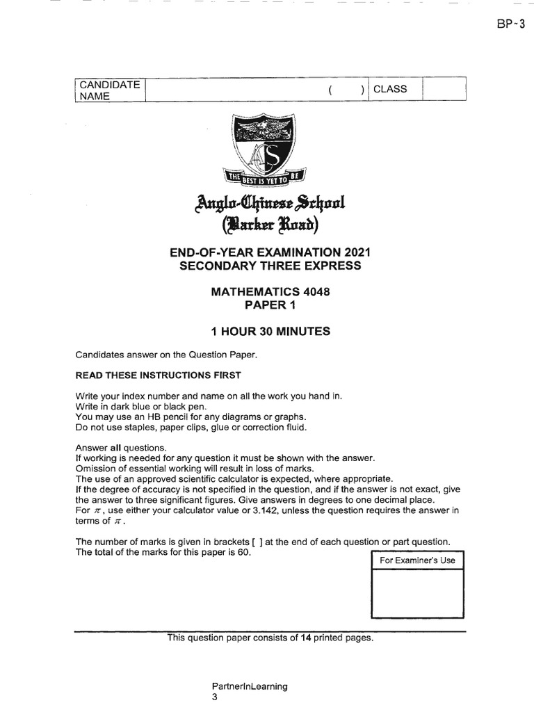 E-Math - Sec 3 - SA 2 - 2021 - ACS Barker | PDF | Area | Mathematics