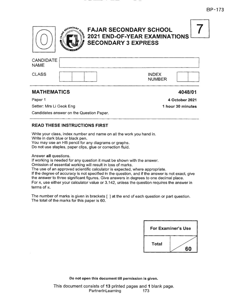 E-Math - Sec 3 - SA 2 - 2021 - Farjar Sec | PDF | Area | Angle