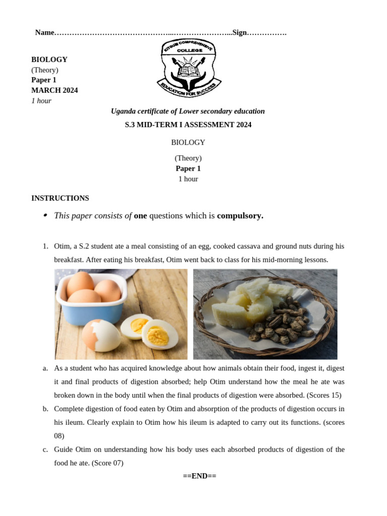 s.3 Bio Mid Term I Assessement 2024 | PDF