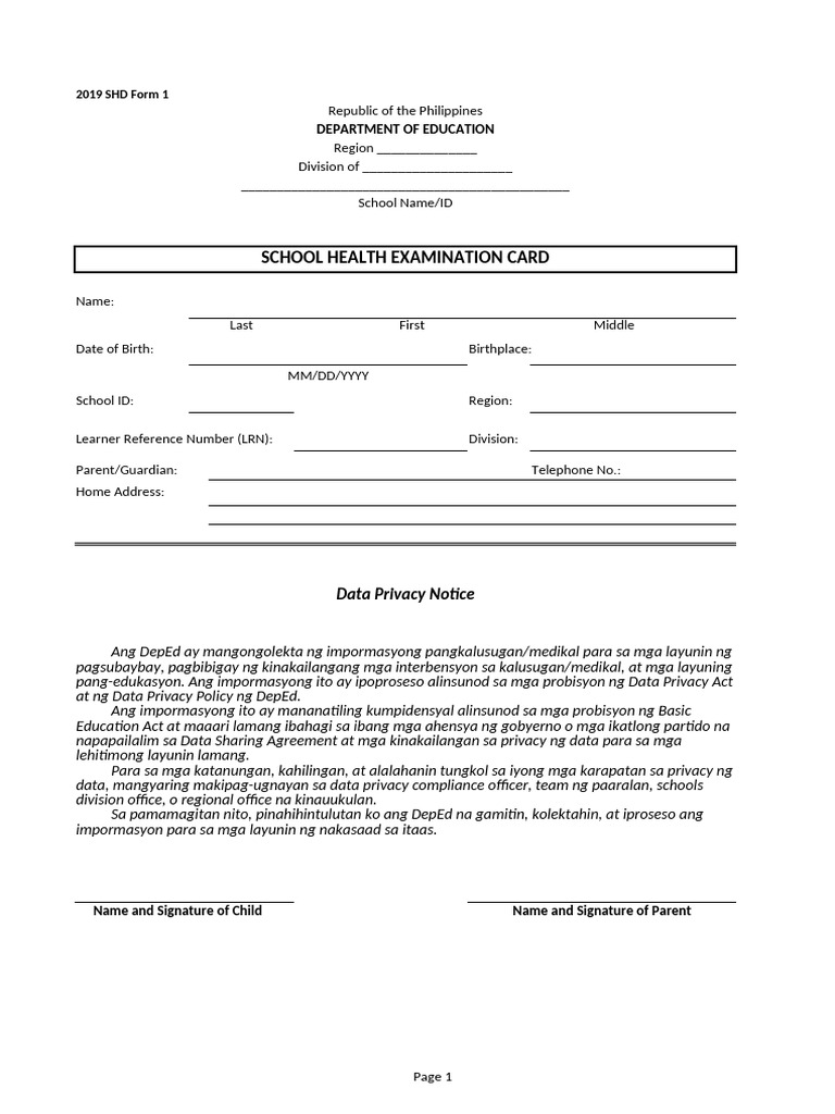 2019 School Health Examination Card | PDF | Tooth | Medical Specialties