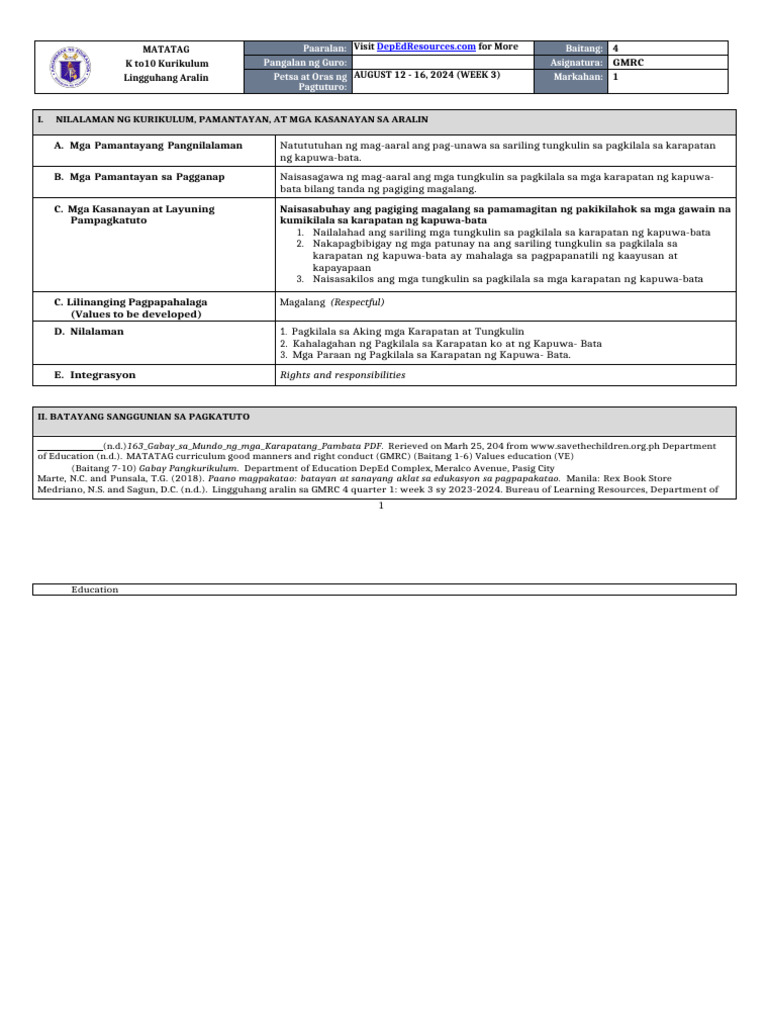 DLL Matatag - GMRC 4 Q1 W3 | PDF