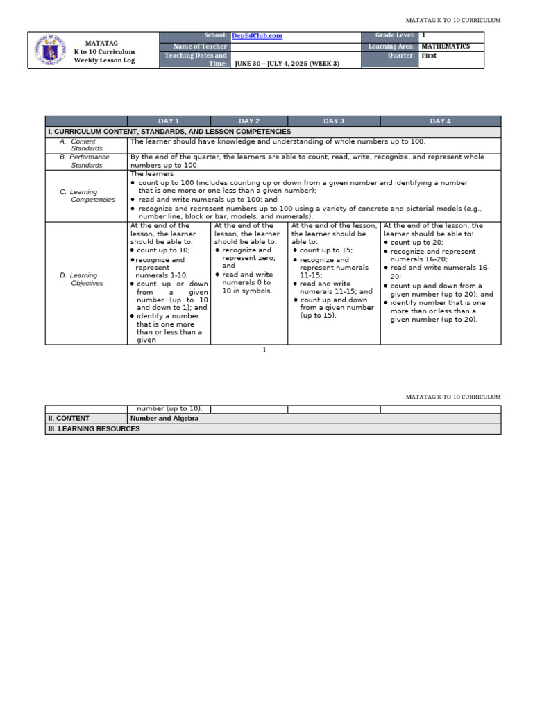 DLL Matatag - Mathematics 1 - Q1 - W3 | PDF | Curriculum | Learning