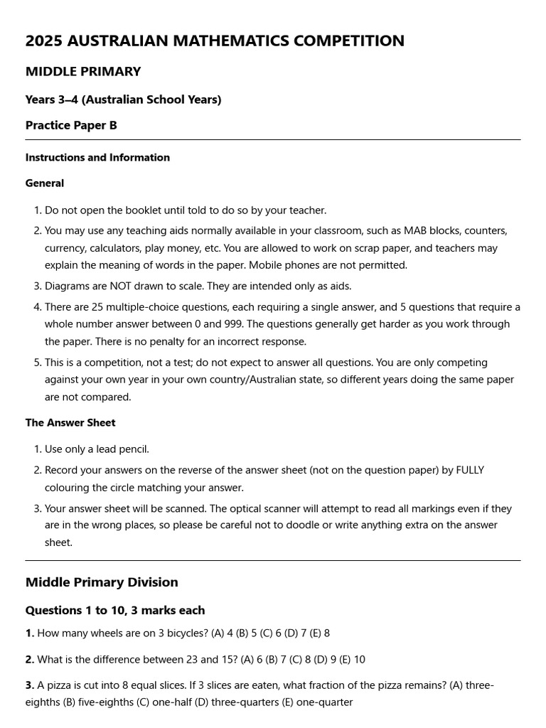 AMC Year 3-4 Practice B | PDF