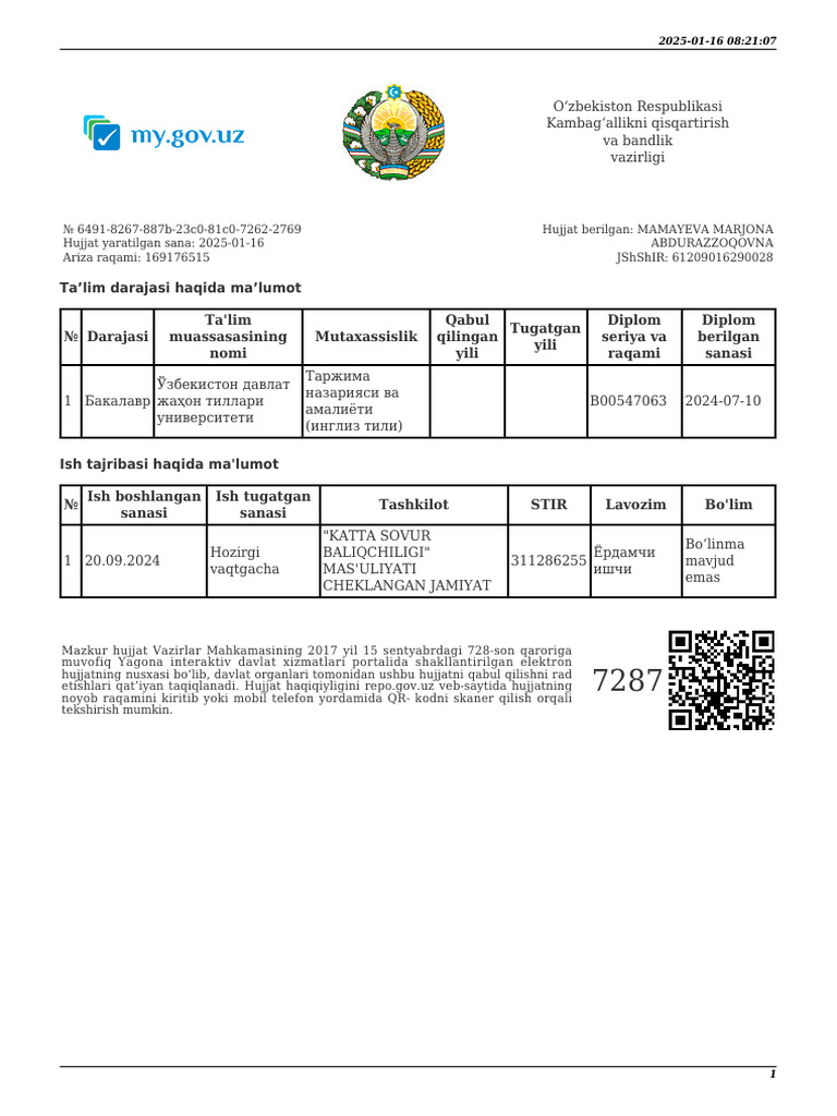 Ta Lim Darajasi Haqida Ma Lumot | PDF