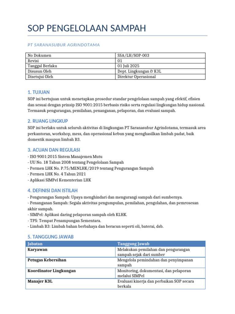 SOP ISO9001 Pengelolaan Sampah PT SSA | PDF