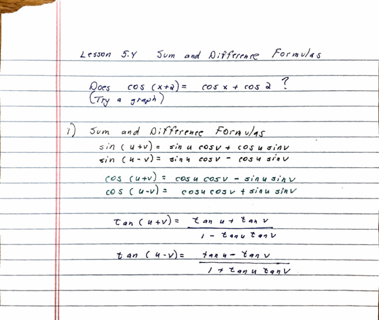 Notes For 5.4 Sum-Difference Formulas | PDF