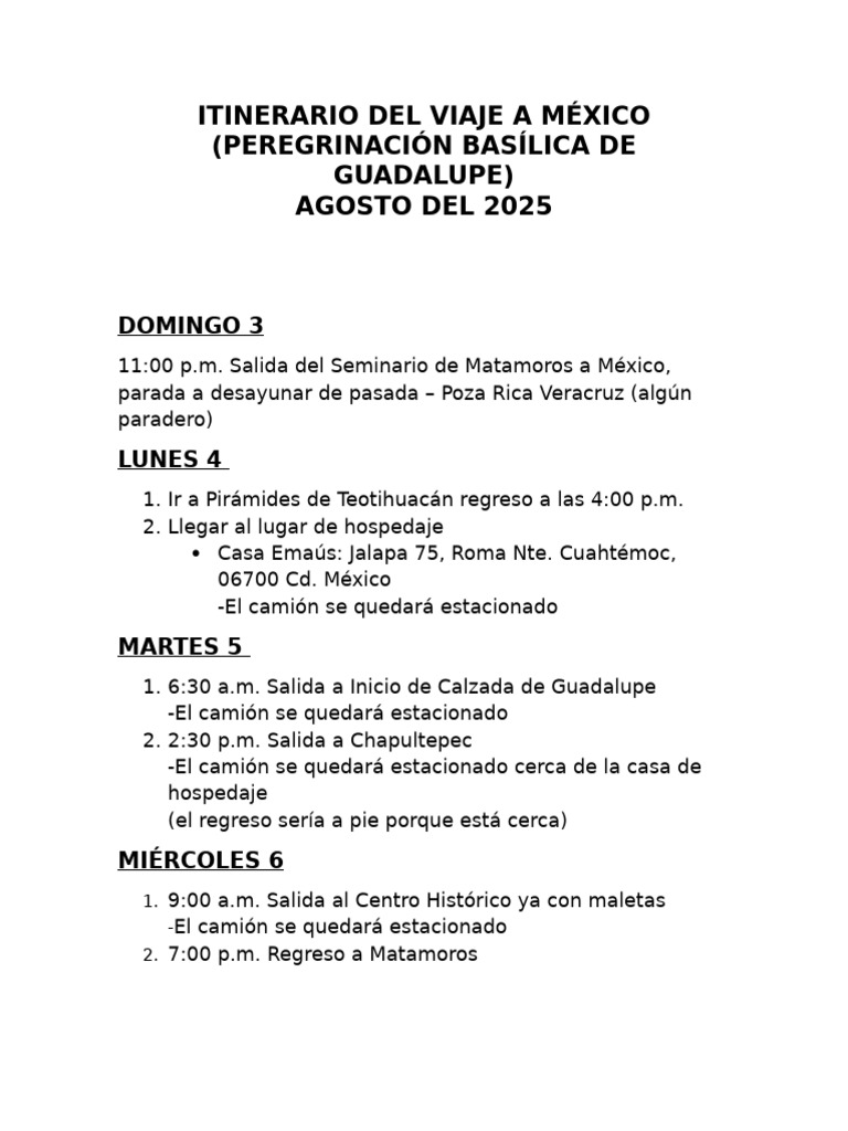 Itinerario Del Viaje A México | PDF