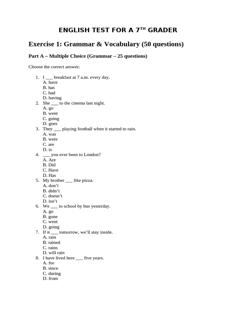 English Test For A 7th Grader | PDF | Grocery Store | Sleep