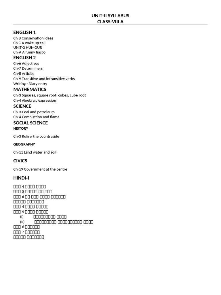 Class Viii A Ut-II Syllabus | PDF