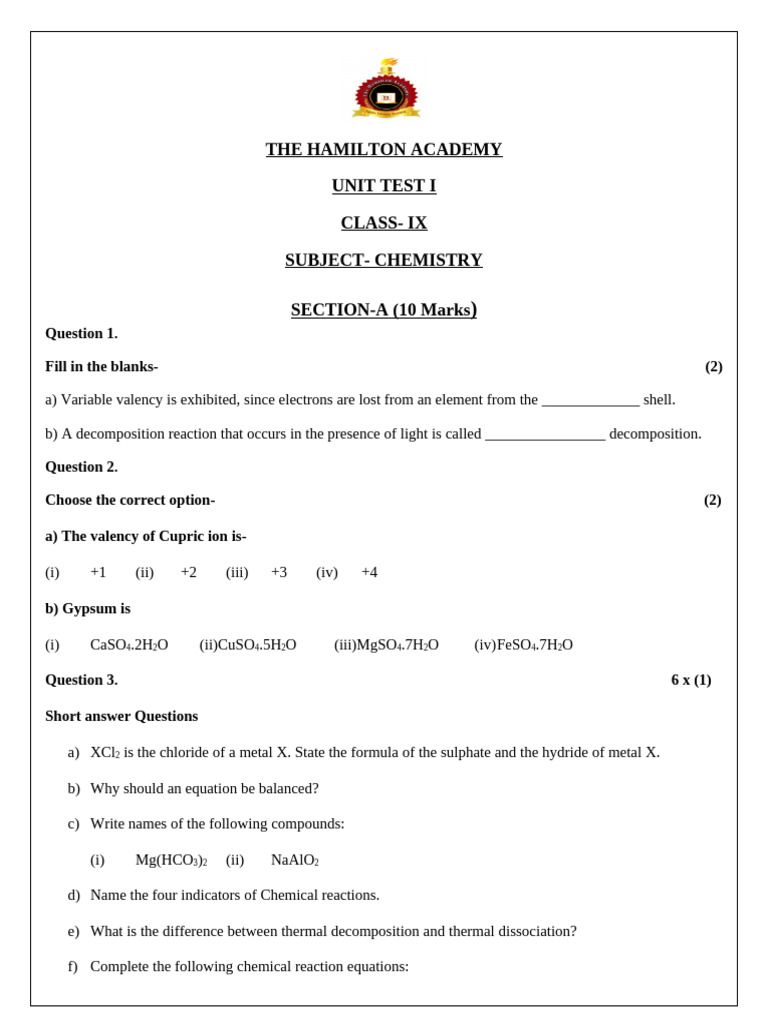 Class IX Chemistry UT 1 Paper | PDF | Chemical Reactions | Ion