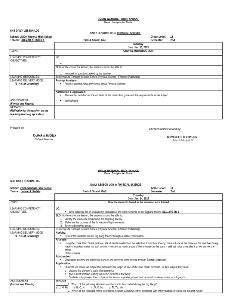 Daily Lesson Log: Physical Science 11 | PDF | Radioactive Decay ...