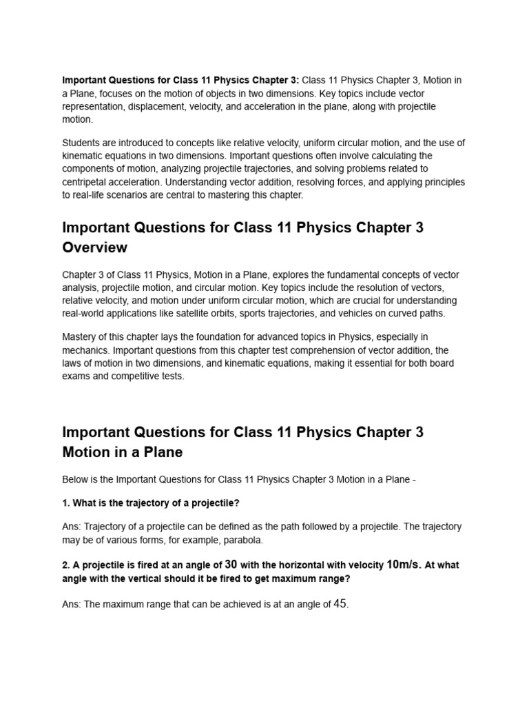 Important Questions For Class 11 Physics Chapter 3 | PDF | Acceleration ...