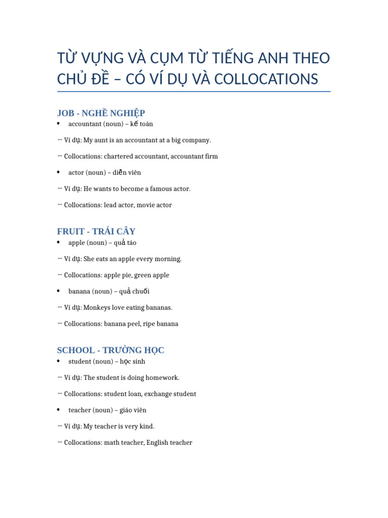 Tu Vung Tieng Anh Co Vi Du Collocations | PDF