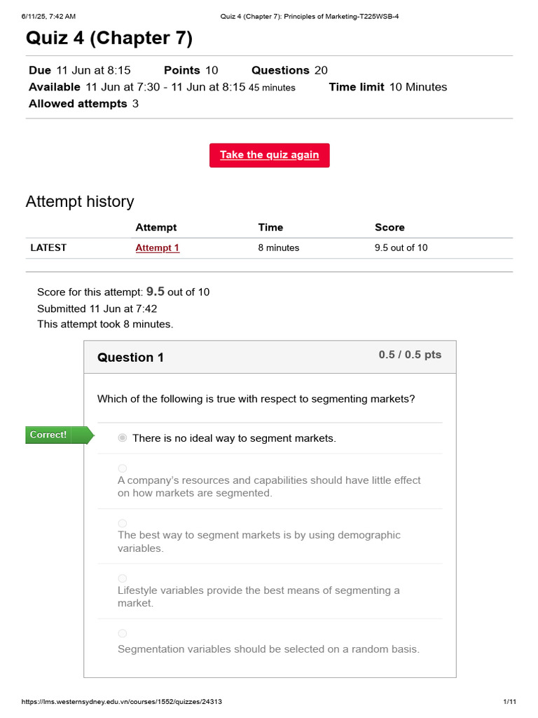 Quiz 4 (Chapter 7) - Principles of Marketing | PDF | Market Segmentation | Marketing