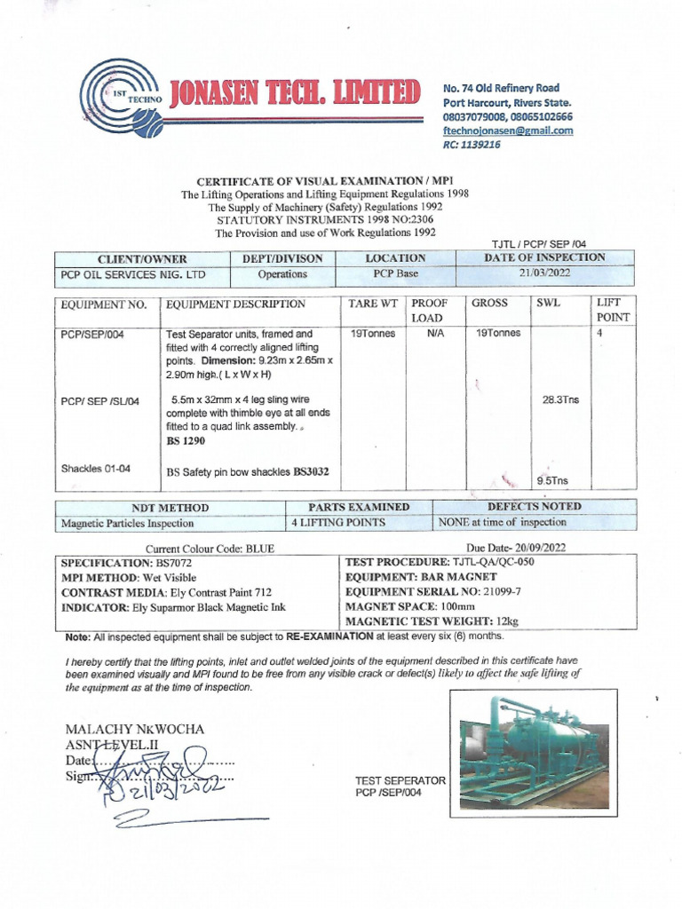 PCP Sep Certificate of Visual Inspection | PDF