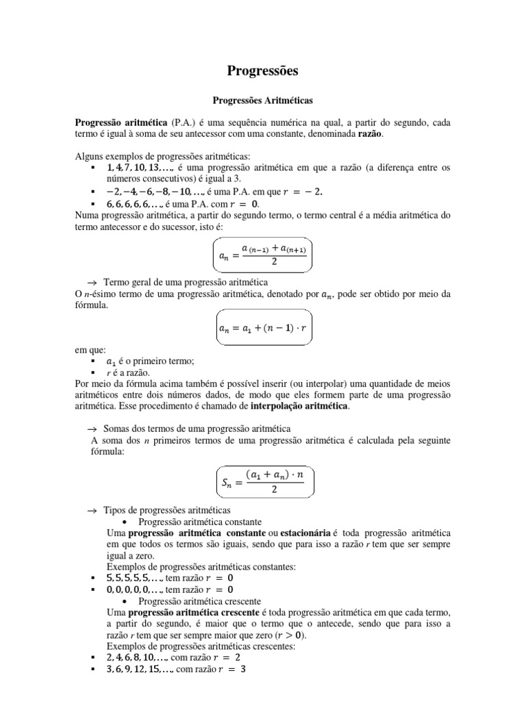 Progressões numéricas: conceitos, fórmulas e exemplos | PDF ...