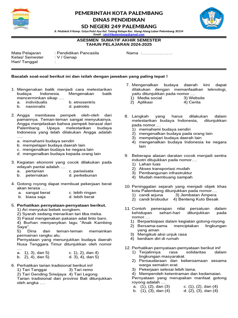 Soal ASAS Kls 5 Pend. Pancasila | PDF