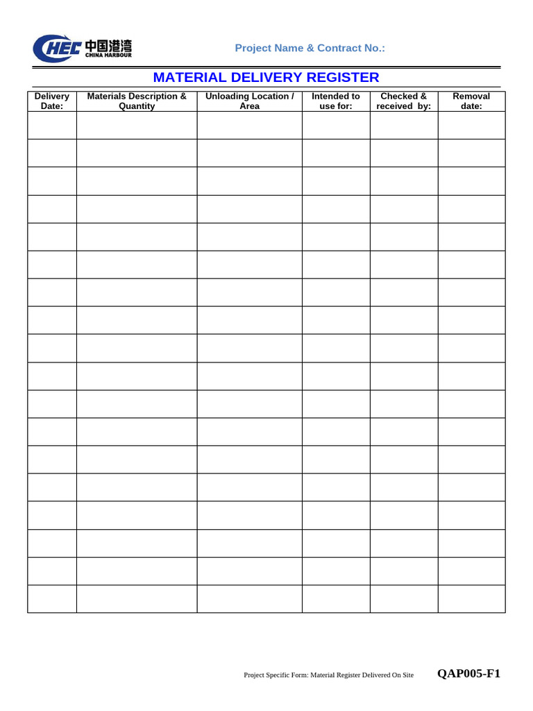 QAP005-F1 - Material Delivery Register | PDF