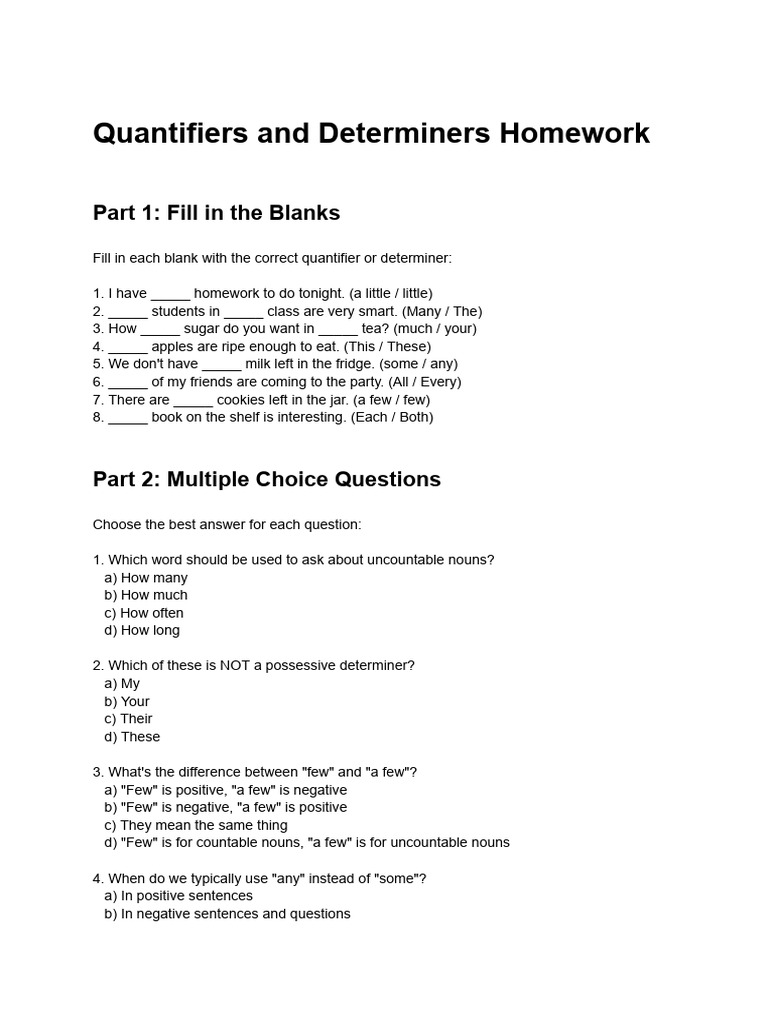 Quantifiers and Determiners Homework Class 7th | PDF