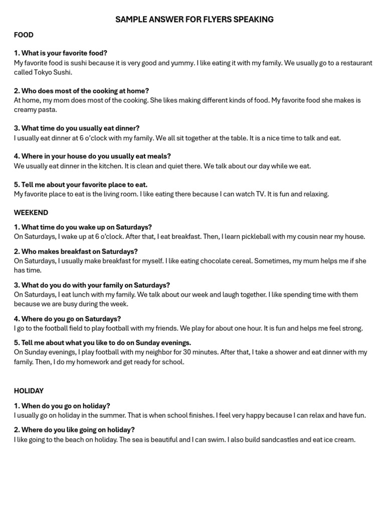 Sample Answer For Flyers Speaking | PDF | Meal | Cuisine