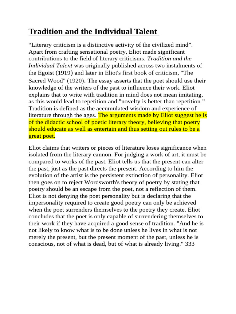 Tradition and The Individual Talent | PDF