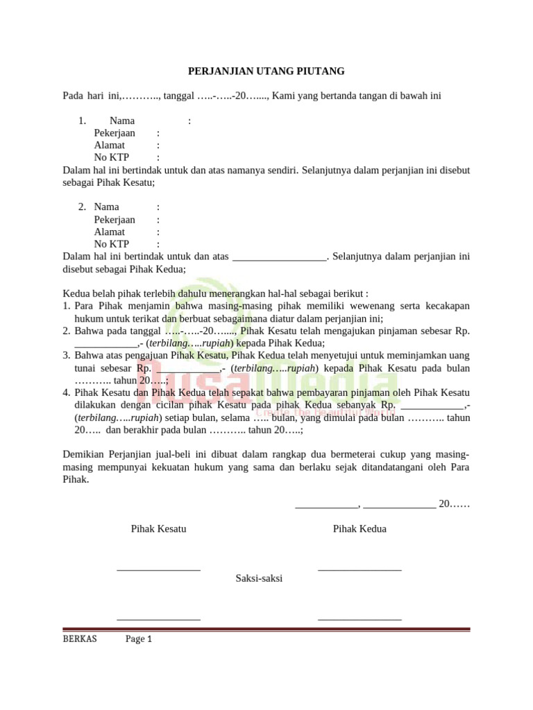 Contoh Surat Perjanjian Utang Piutang | PDF