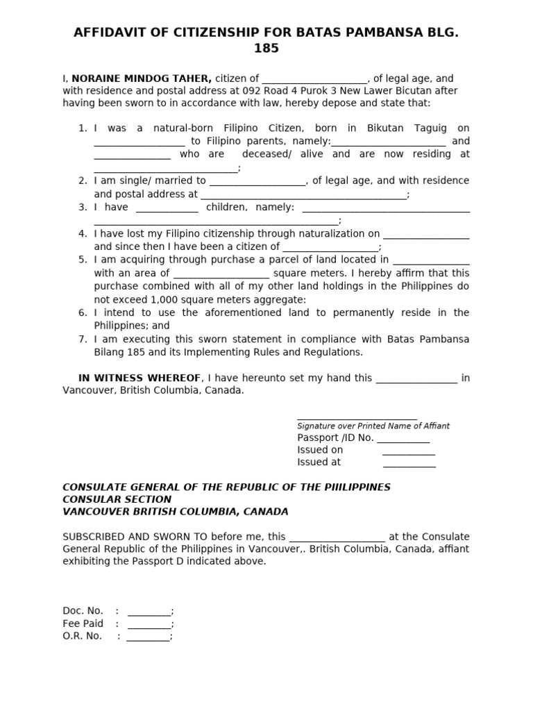 Affidavit of Citizenship For Batas Pambansa BLG - Noraine Mindog Taher ...