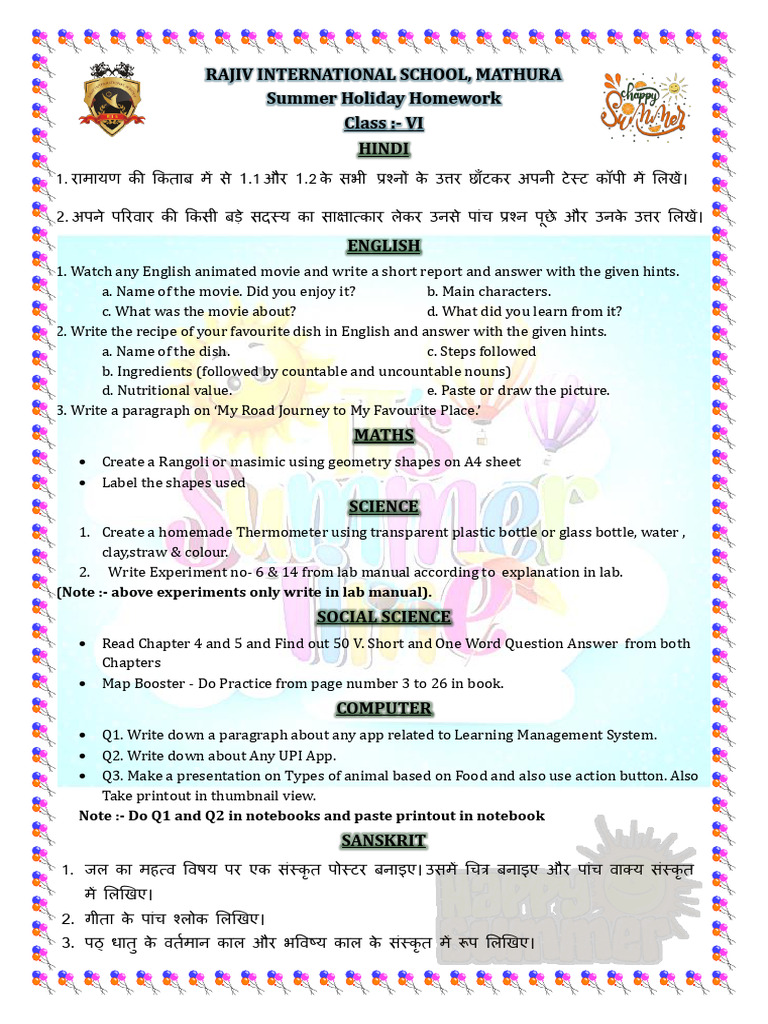 Class 6 Holiday Homework | PDF