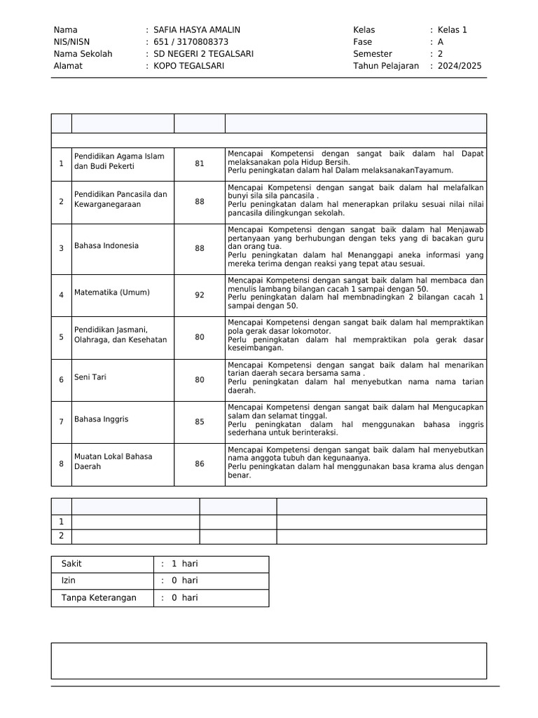 Rapor - Safia Hasya Amalin | PDF