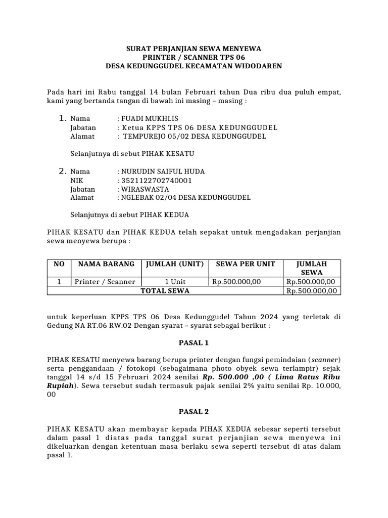 Perjanjian Sewa Printer Scanner 2024 | PDF