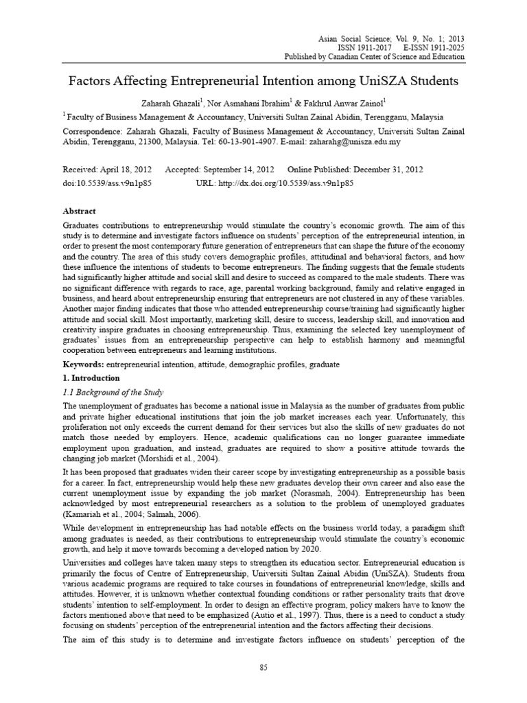 Factors_Affecting_Entrepreneurial_Intent | PDF | Entrepreneurship | Survey Methodology