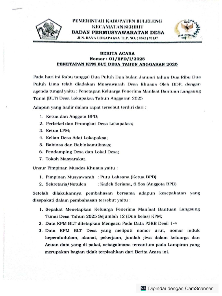 Pengumuman 253101090140 Berita Acara Penetapan KPM BLT Desa Tahun Anggaran 2025 | PDF
