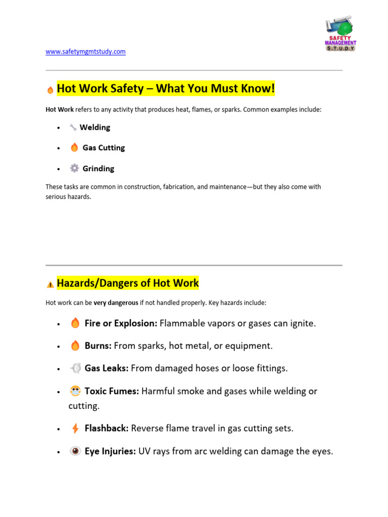 Hot Work Safety: Hazards and Precautions | PDF