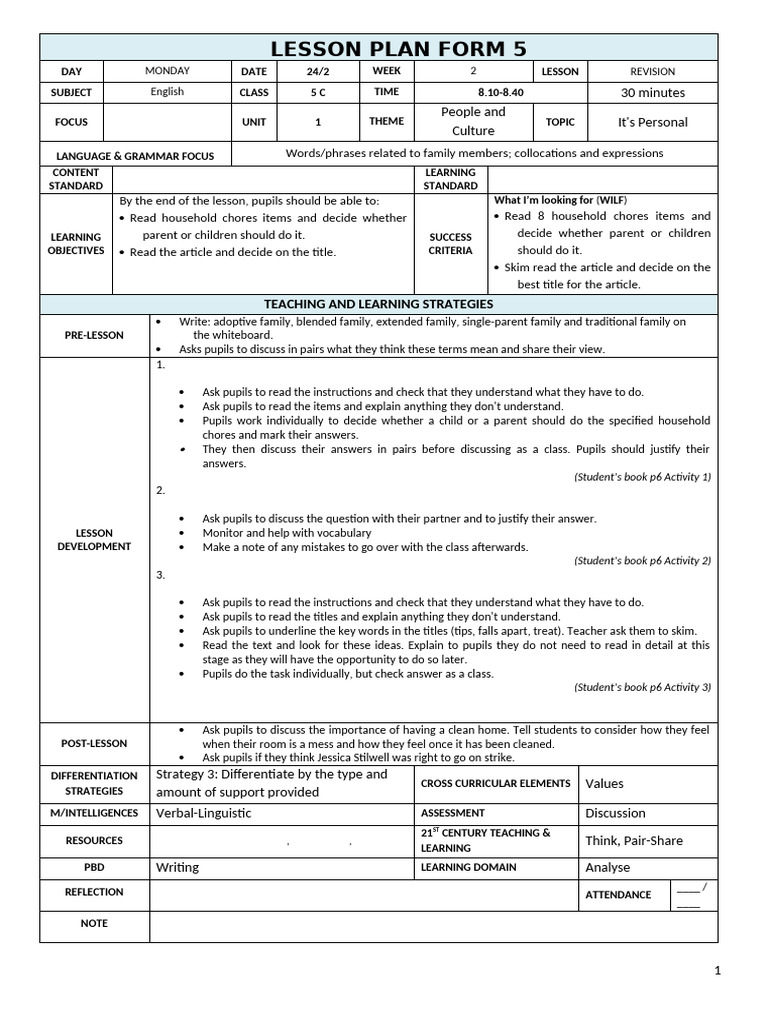 English Lesson Plan: Family Roles | PDF | Lesson Plan | English Language