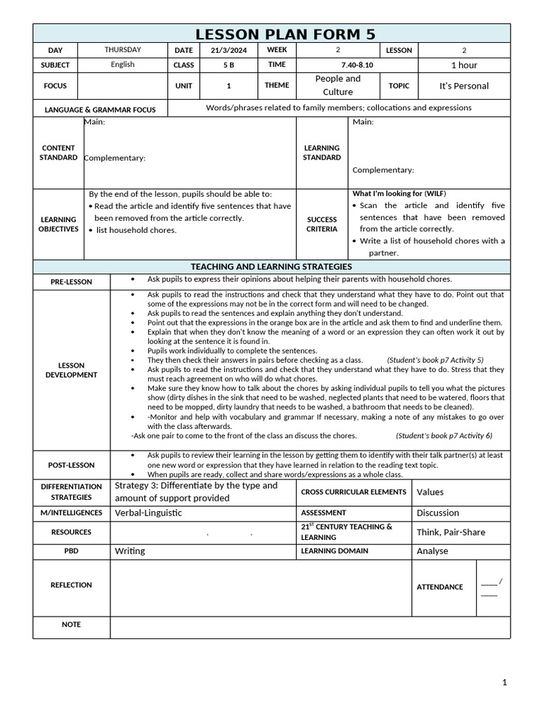 Lesson Plan 2a (Form 5) 2024 | PDF | Semantics | Lesson Plan
